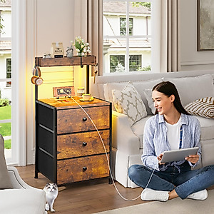 EnHomee Tall Nightstand Set of 2 with Charging Station and Led Lights Nightstand with 3 Drawers and Shelves Bedside Table with USB Ports and Outlets, for Bedroom, 4 Hooks, Rustic Brown