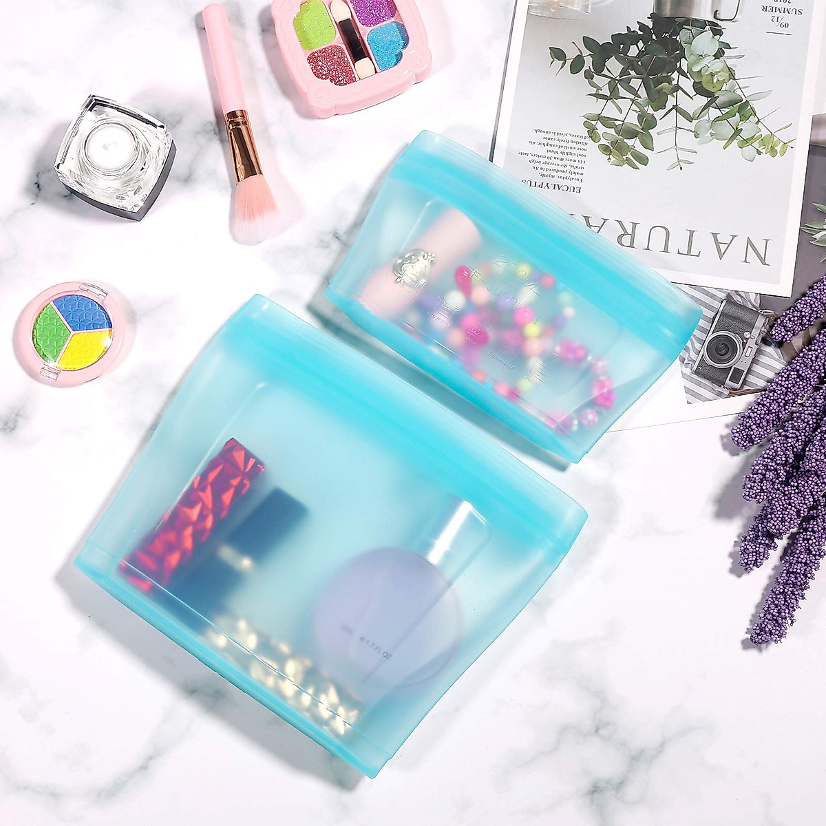 Reusable food container silicone bag, 2 Pcs Zip Sandwich Bags, 100% Platinum Silicone Reusable Snack bag, Stand Up Preservation Bag, Convenient to carry and easy to clean. (2 Bag Set Blue)