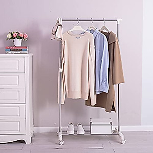 BAOYOUNI Single Rod Clothing Garment Rack on Wheels Metal Rolling Clothes Display Hanging Rail Coat Stand Storage Holder Organizer, Height Adjustable (Ivory)