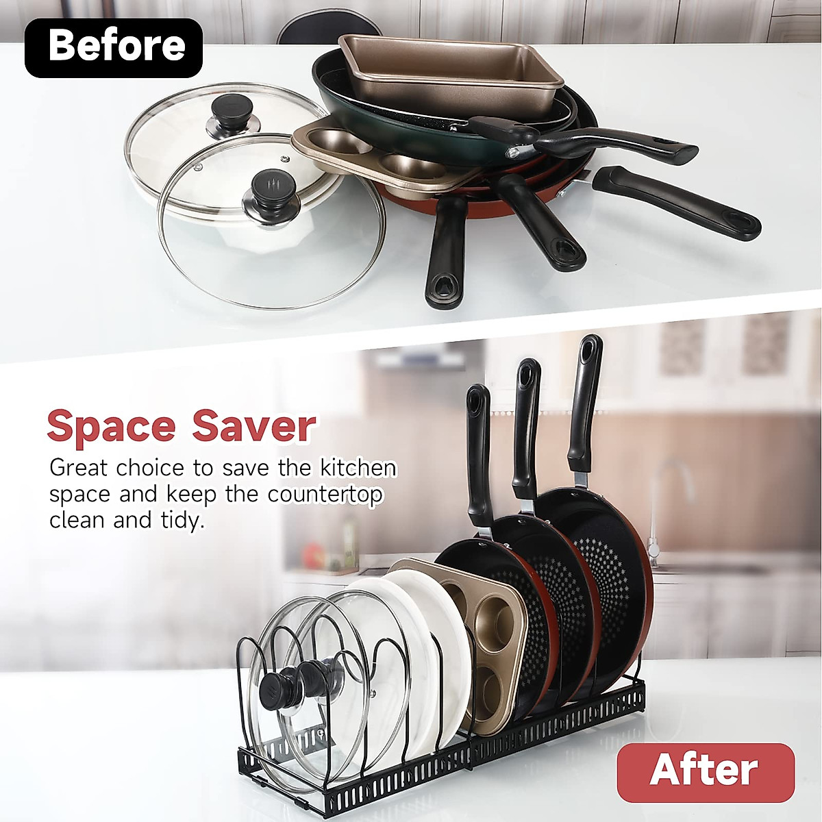 Mr Rabbi Pots and Pans Organizer Rack For Cabinet, 2 Pack Pot Lid Organizers, Or 1 Expandable Pot Rack For Kitchen Cabinet Pantry Bakeware Lid Holder with 10 Adjustable Compartments