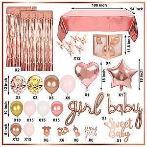 Rose Gold Baby Shower Decorations Rose Gold Balloon Garland Arch Kit Balloon Boxes Fringe Curtain Tablecloth Cake Topper Butterfly Stickers for Birthday Girls Baby Shower Gender Reveal Party Supplies