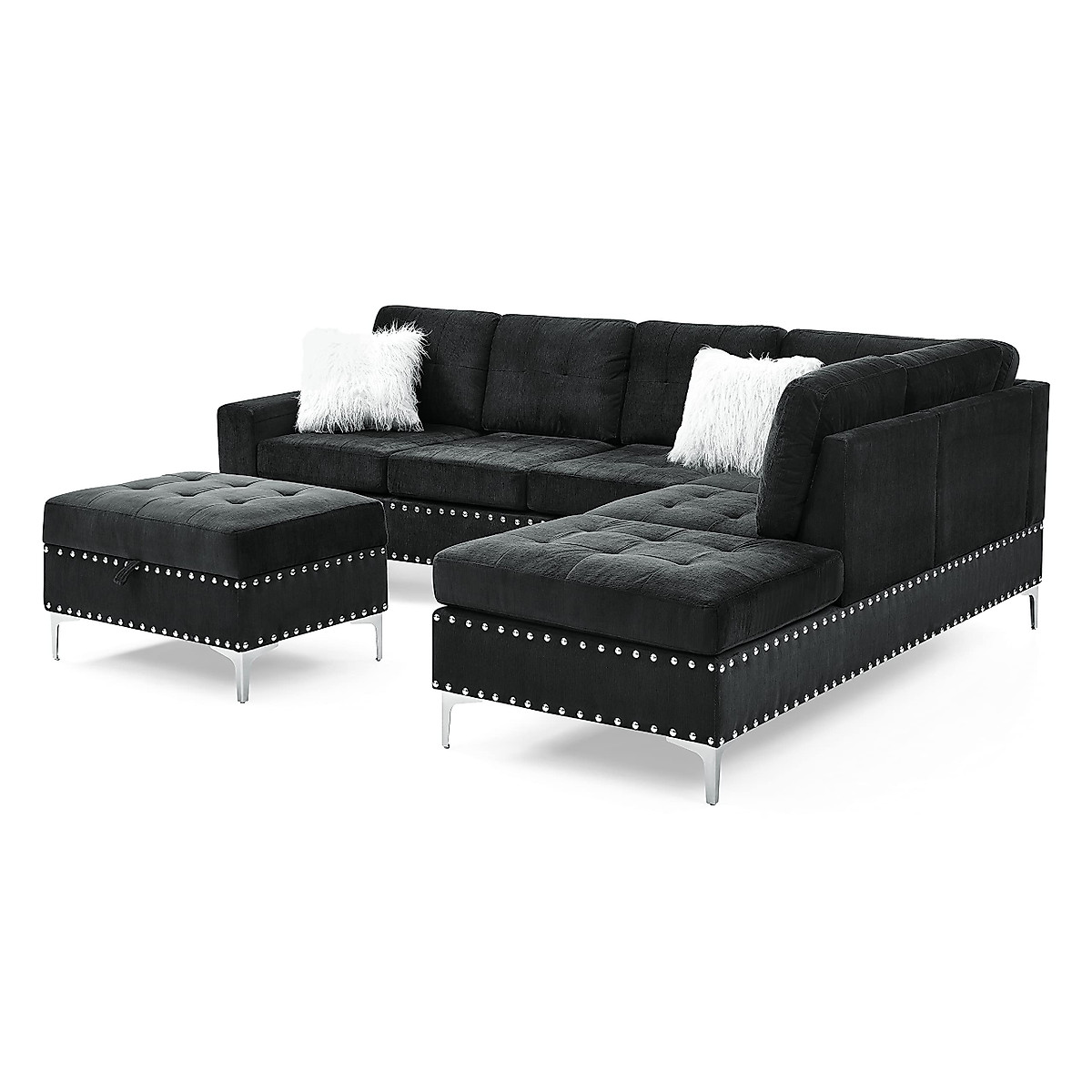 Melpomene L Shaped Sectional Couches Reversible for Small Living Room, Sofa Set in Black Smooth Velvet with Storage Ottoman, Reversible Chaise and Chrome Legs
