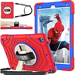 BMOUO Case for iPad 9th/8th/7th Generation - 10.2 Inch 2021/2020/2019 with Screen Protector, 360 Rotating Stand Hand & Shoulder Strap Shockproof Kids Case for iPad 9/8/7 Gen, Red