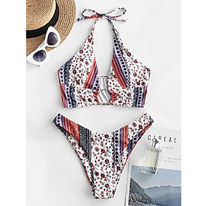 ZAFUL O Ring Halter Bikini for Women High Cut Ribbed Tribal Swimsuits Trendy 2 Piece Bathing Suit White S