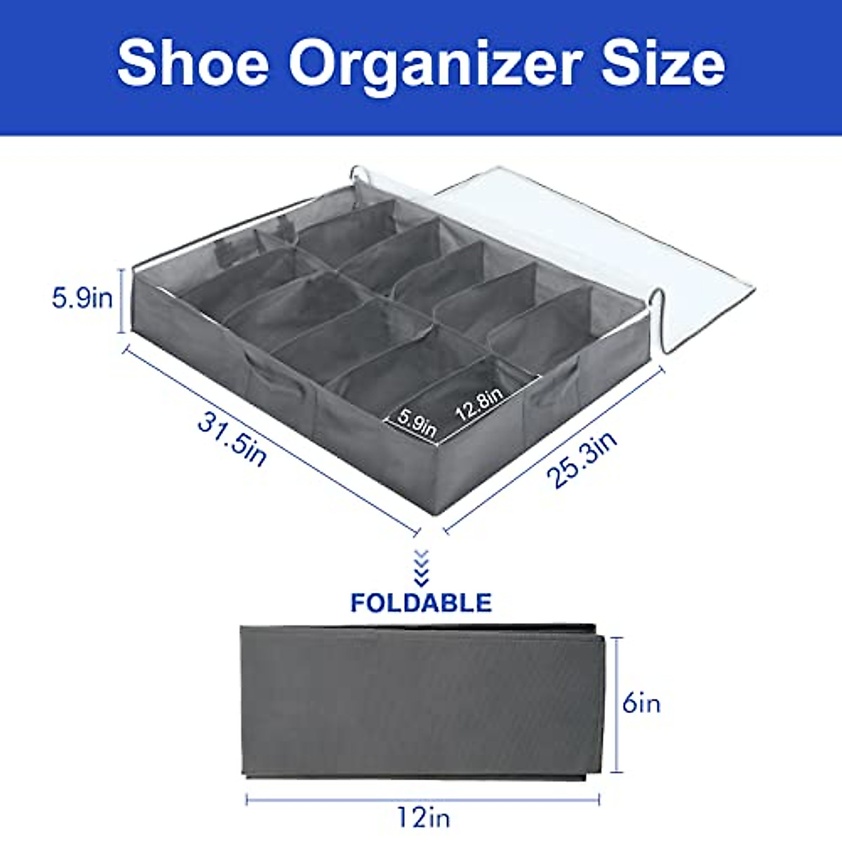 Surblue Under Bed Shoe Storage Organizer Underbed Shoes Closet Storage Solution 2 Metal zippers and 3 Handles with Clear Cover for Men's and Women's Shoes Fits 24 Pairs of Shoes， Set of 2, Grey