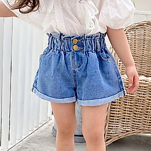 Moru Toddler Baby Girls Casual Denim Shorts Summer High Waisted Jeans Short (Blue, 12-24 Months)