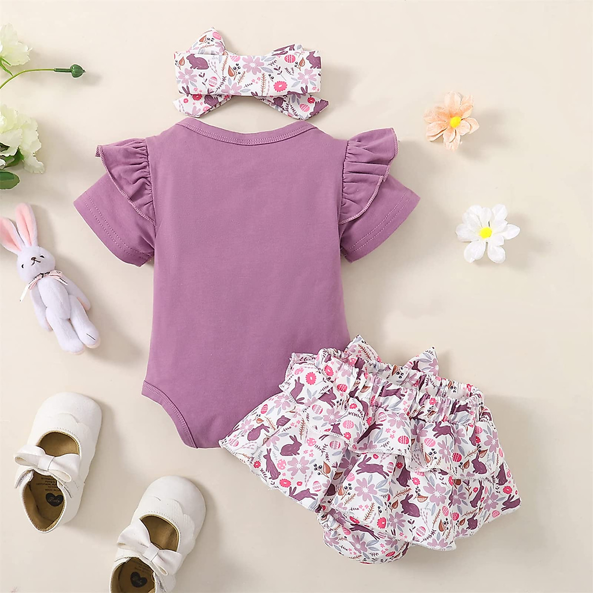 Sinhoon My 1st Easter Baby Girl Outfits Newborn Letter Romper+Bunny Ruffled Shorts+Headband 3Pcs Clothes(Purple,3-6M)