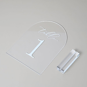 JINMURY Clear Arch Table Numbers for Wedding, 5x7 Inch Arched Acrylic Table Numbers 1-15 with Acrylic Stands, Clear Acrylic Arch Tabletop Sign with Holder for Centerpiece, Reception, Wedding, Party,
