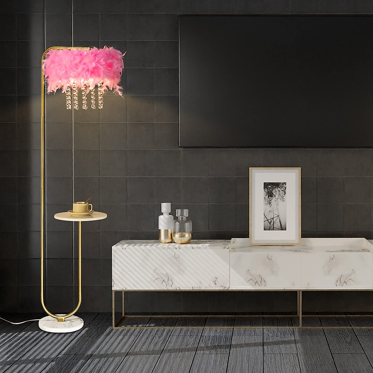 beaysyty Unique Led Pink Feather Floor Lamp with Tray,Ostrich Feather Stand Lamp,Living Room Bedroom Office Shop Window Decoration Lamp,Foot Switch and Brass/Gold Finish Arc Floor Lamp