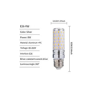 ANYPOWK 8W LED Corn Light Bulb - Equivalent 60W Incandescent, 800LM, E26 Base Daylight 6500K Non-Dimmable, 4-Pack