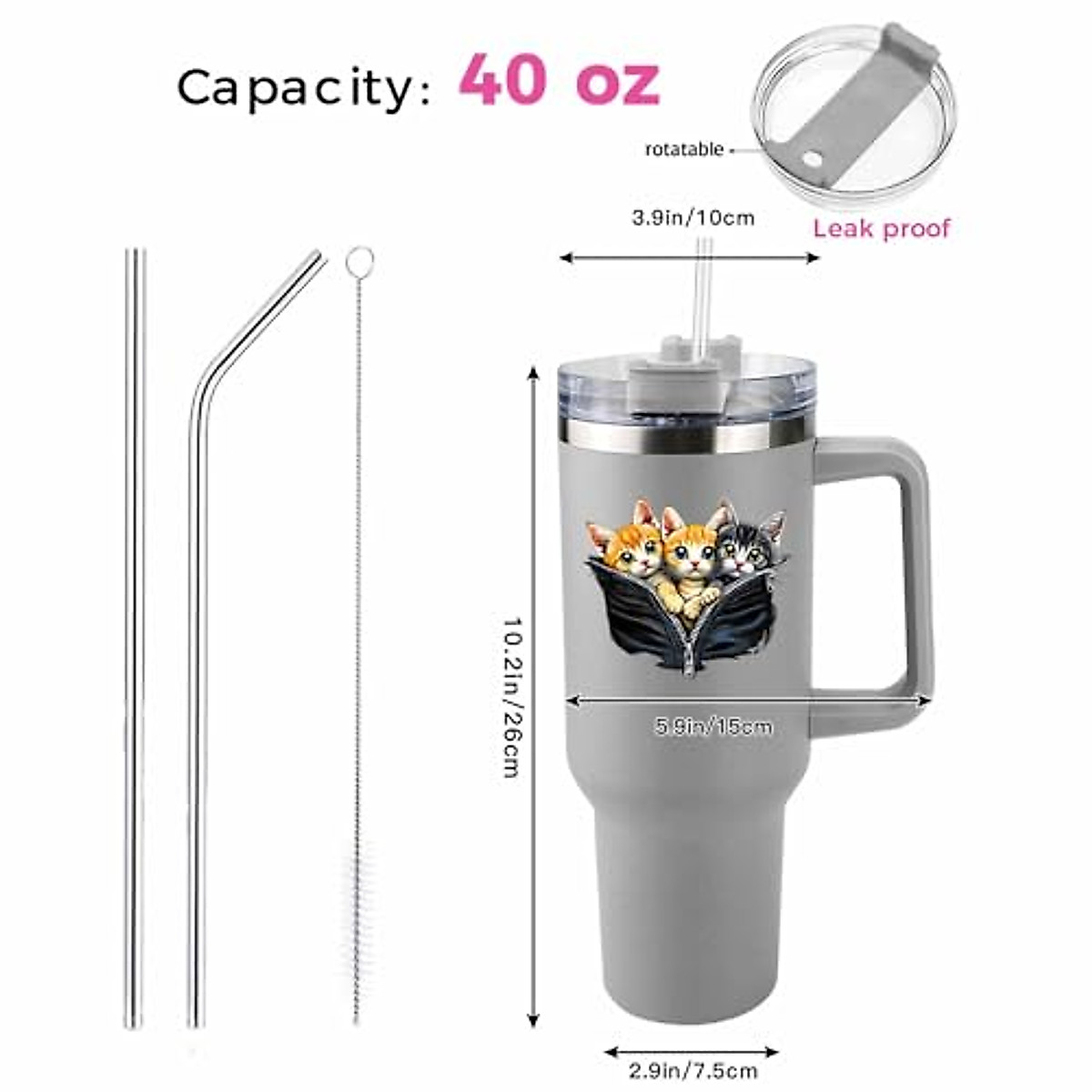 40 ounce insulated cup with handle, double-layer vacuum stainless steel material, equipped with straw, can keep warm or maintain cold drinks Animal Cat Funny 1 grey