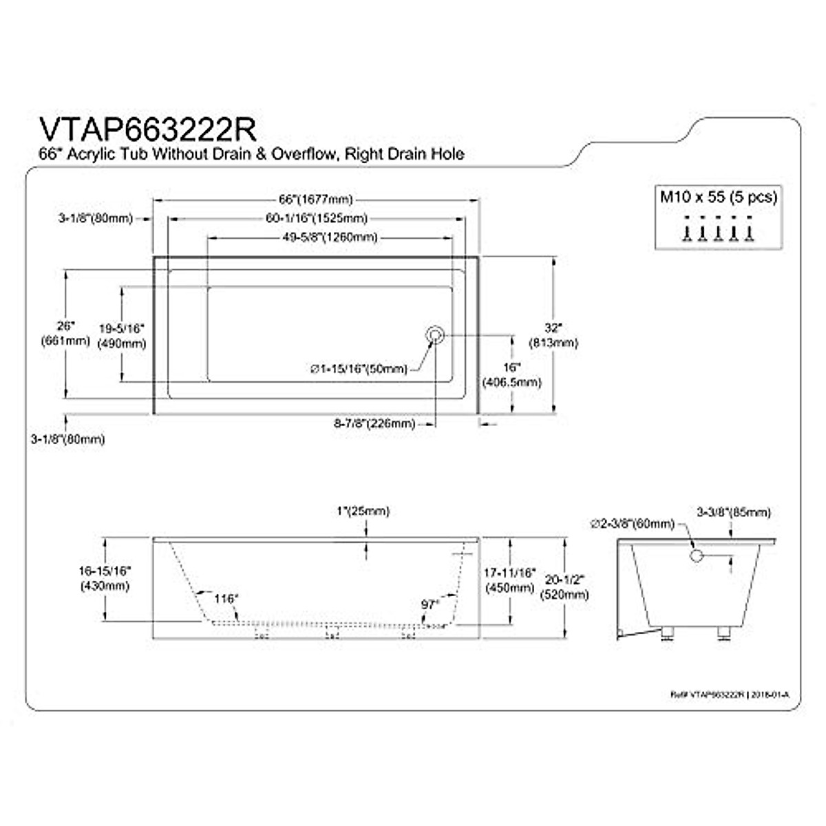 Kingston Brass VTAP663222R Aqua Eden Alcove Tub, 66" (L) x 32" (W) x 20-1/2" (D), White