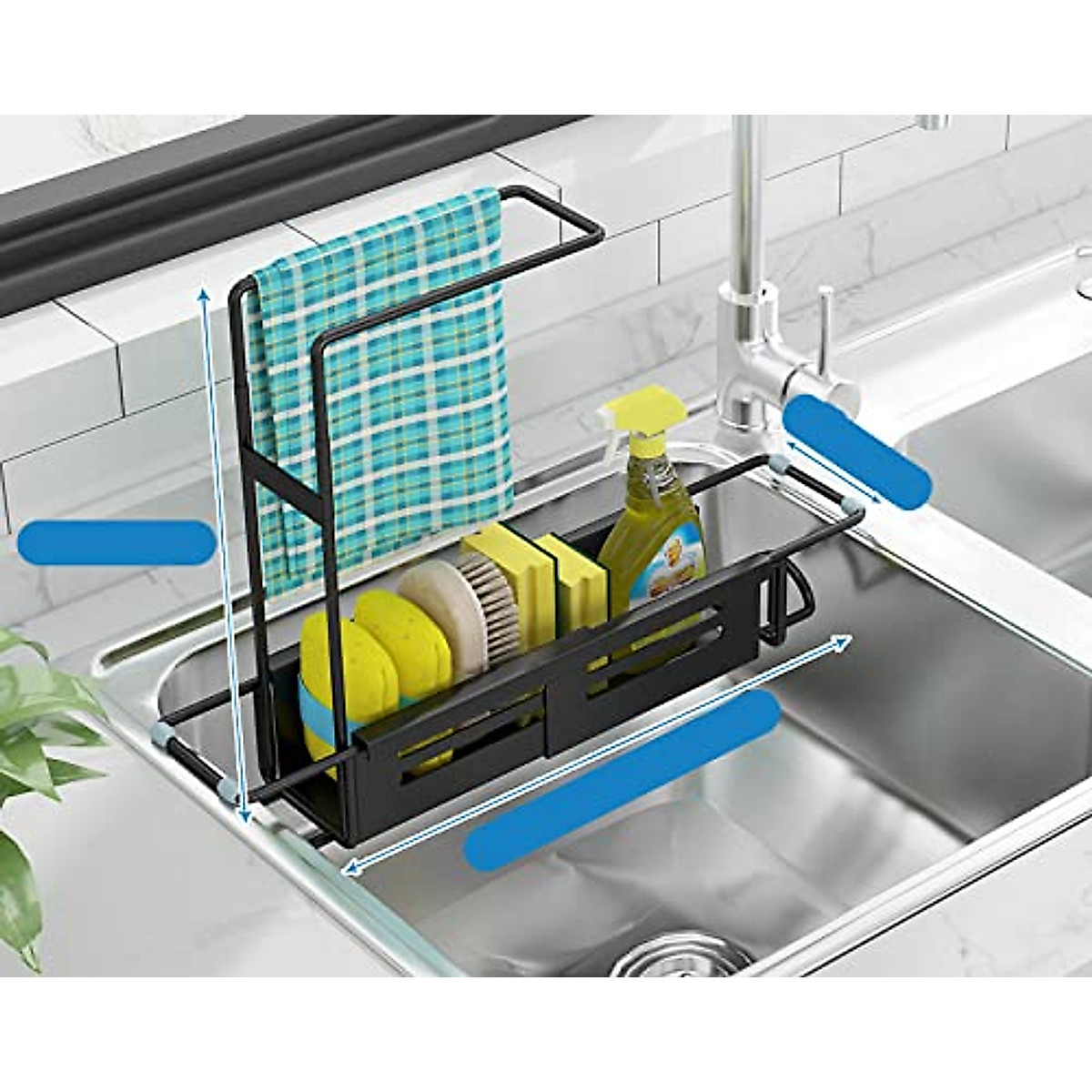 BEENLE 304 Stainless Steel Telescopic Sink Caddy Sponge Holder,Expandable Kitchen Sink Organizer Dish Drainer Rack Sink Tray Brush Soap Holder(14.6''-18.5''), Without Chopstick Holder