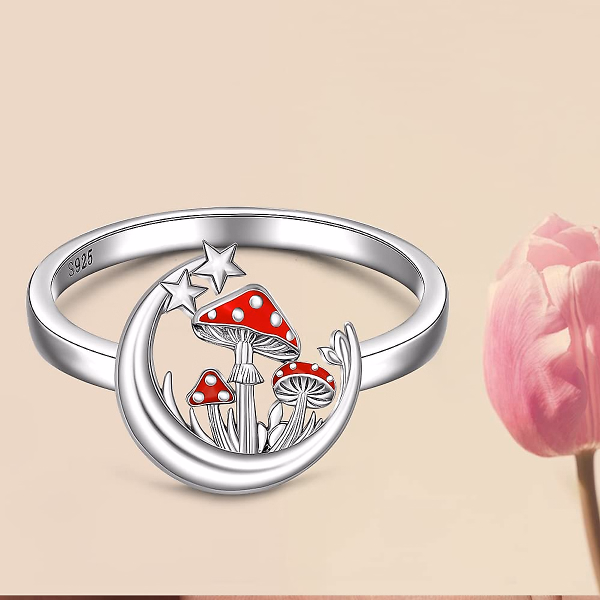 Fenthring Sterling Silver Mushroom Ring Moon Red Magic Mushroom Rings for Women Celestial Band Mushrooms Jewelry Size 9