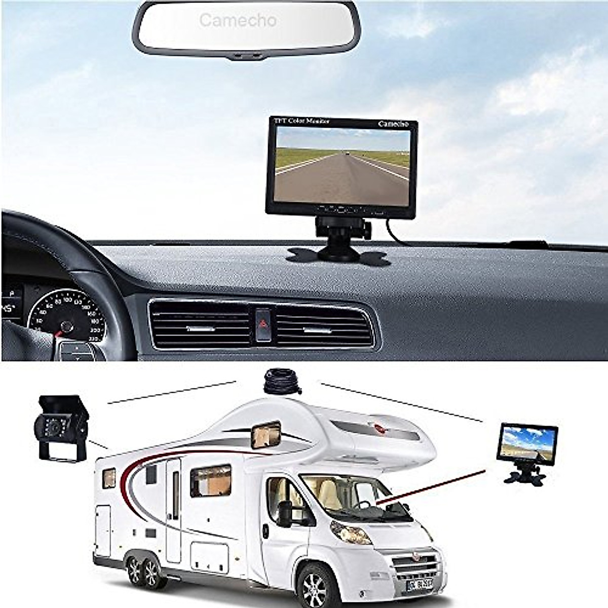 Camecho Vehicle Backup Camera 7" Monitor,18 IR Night Vision Rear View Camera Without Guide Line IP 68 Waterproof, 4 Pins Aviation Extension Cable for 33FT Length RVs, Bus, Trailer,Truck