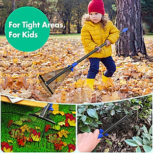 Garden Leaf Rake with Expandable Head from 9.5 inch to 17 inch, Collapsible Lawn Rake with Adjustable 53 Inch Splicing Handle, Heavy Duty Metal Rake for Lawn Yard, Flowers Beds and Roof