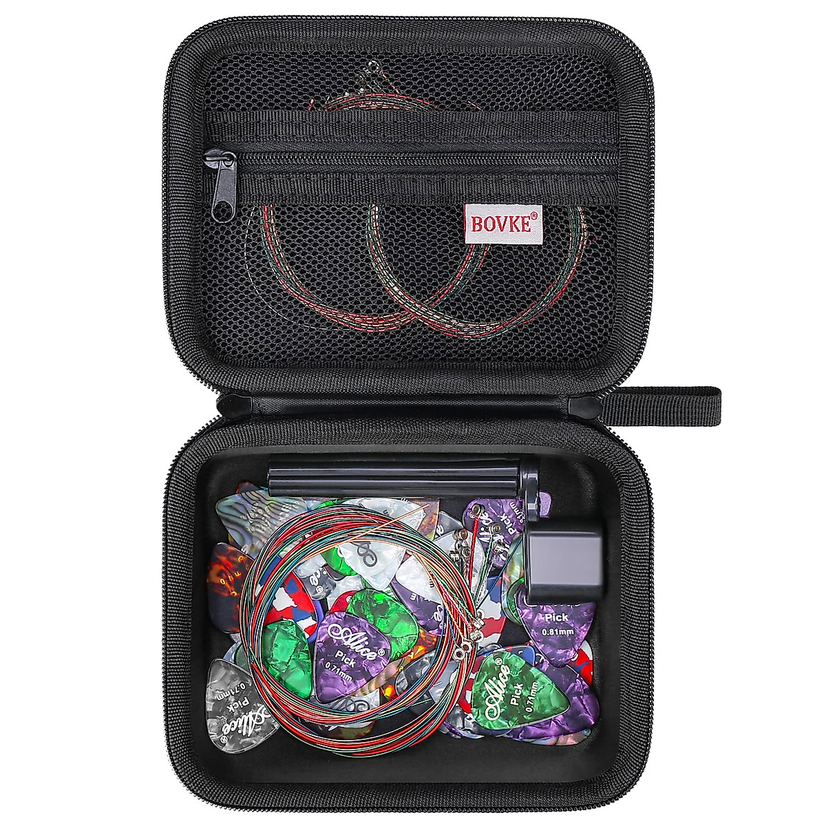 BOVKE Guitar Picks Holder Case for Fender, ChromaCast, D'Addario, JIM DUNLOP, Bolopick, MUSICAL INSTRUMENT All Size Guitar Picks, Mesh Pocket for String Winder, Bridge Pins, Black (Case Only)