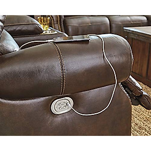 Signature Design by Ashley Buncrana Traditional Dual Sided Power Reclining Loveseat with Nailhead Trim, Center Storage Console and USB Port, Brown