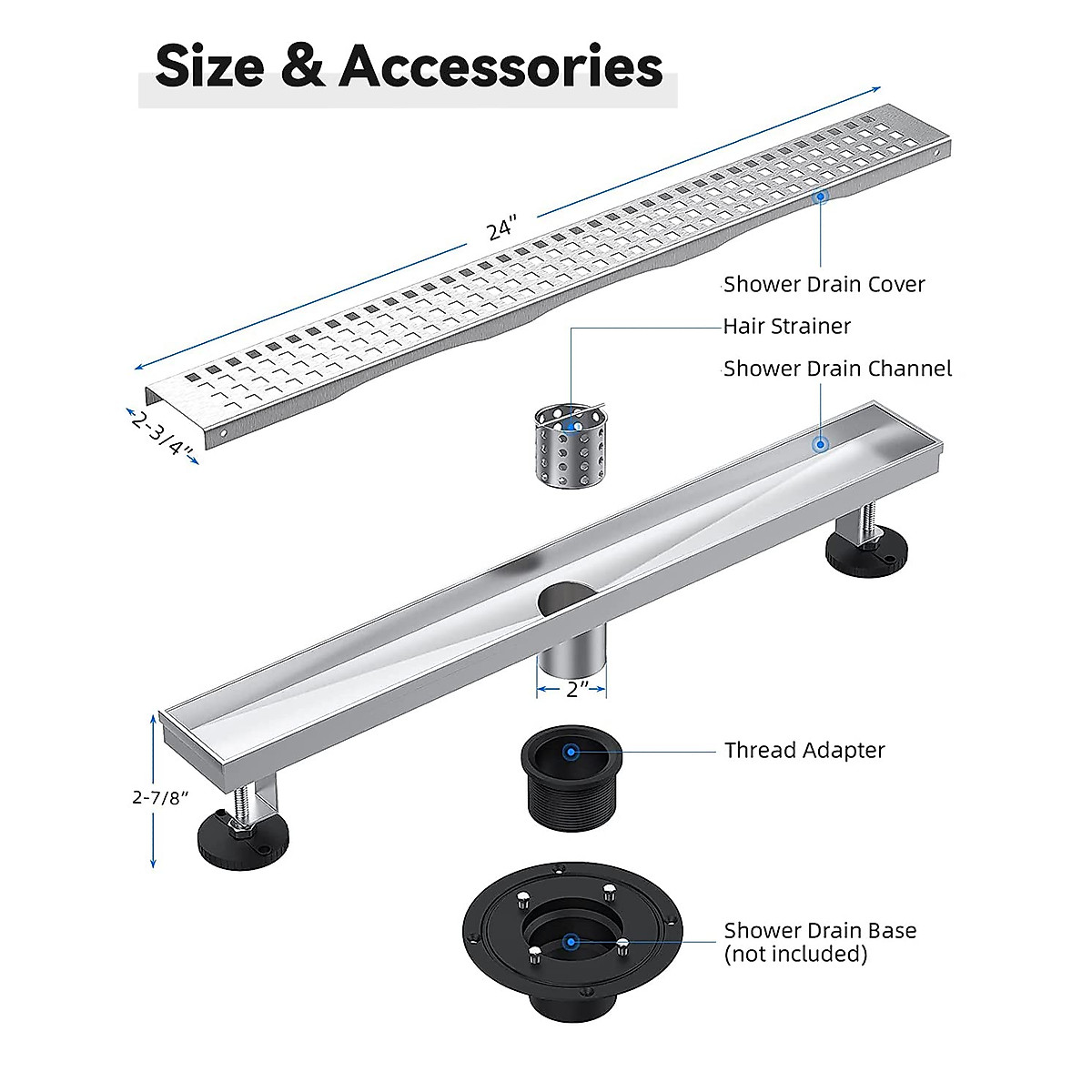 HTOH Shower Drain, Linear Shower Drain 24 Inch(Brushed Nickel),Modern 304 Stainless Steel Shower Floor Drain with Grate Removable, Adjustable Leveling Feet, Rectangular Shower Drain