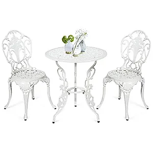 Giantex 3 Piece Bistro Set Cast Tulip Design Antique Outdoor Patio Furniture Weather Resistant Garden Round Table and Chairs w/Umbrella Hole