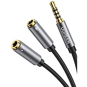 UGREEN Headphone Splitter 3.5mm 2 Female to 1 Male Mic and Audio Y Splitter TRRS Headset Adapter Cable Stereo Compatible with Laptop PS4 Xbox PC Phone Tablet Gaming