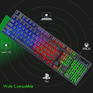 CHONCHOW Gaming Keyboard and Mouse Led USB Wired with Light Up Key 3600DPI 2 Side Button Mouse Keyboard Rainbow Backlit Mechanical Feeling Compatible with PC Mac Xbox Ps4 Ps5 with Mousepad