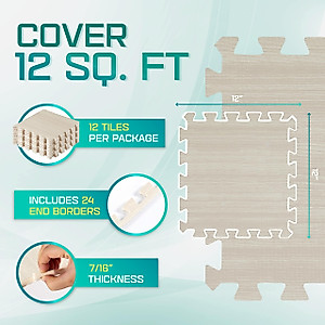 Yes4All Interlocking Floor Mats with Border – Foam Gym Floor Mats with EVA Interlocking Tiles (12 Square Feet – Walnut Wood Light – 12 Tiles)