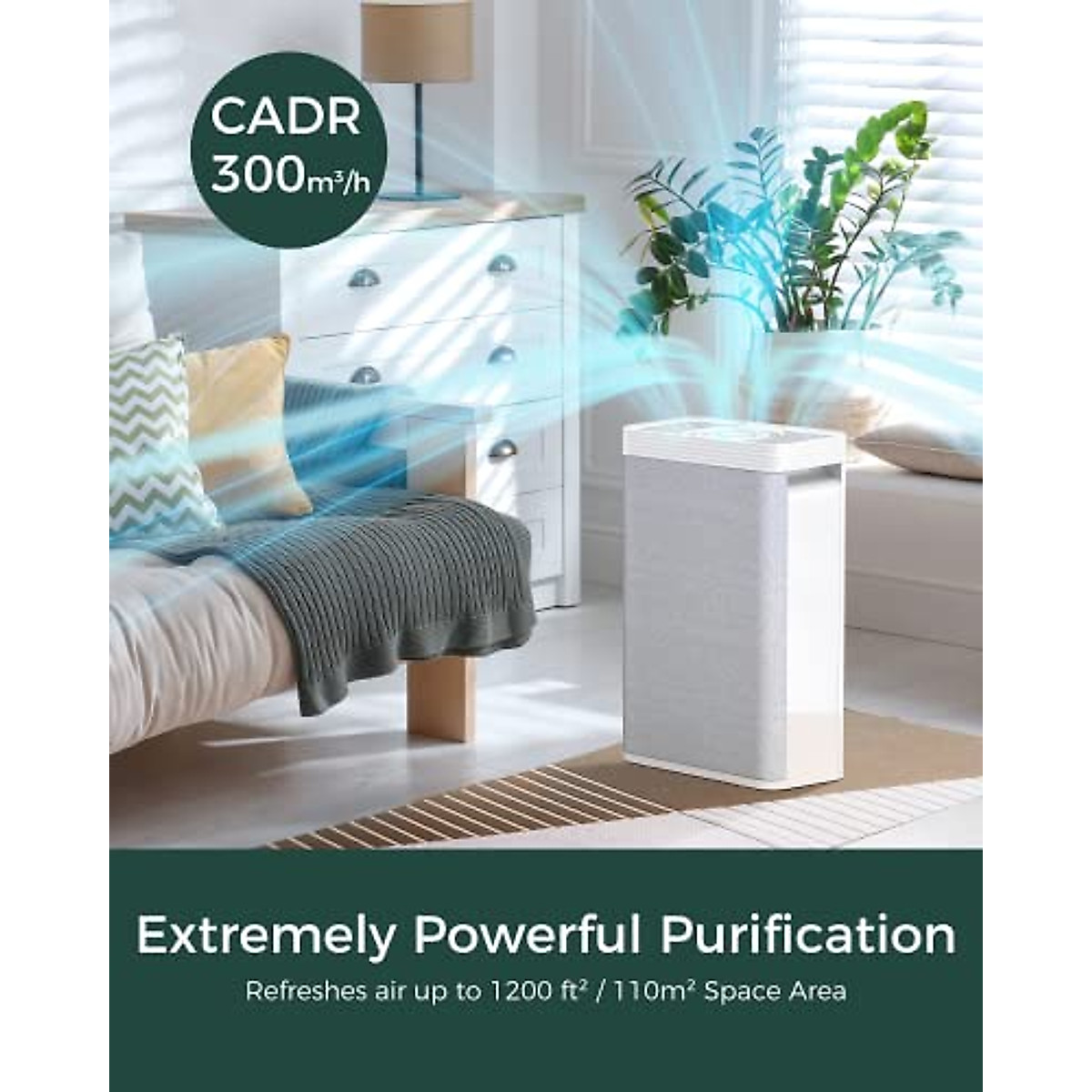 Purivortex Air Purifiers for Home Large Room, CADR 300m³/h with Air Quality Monitoring and Washable Pre-filter, Efficient 99.97% Dust, Smoke, Pet Dander, Odors and Pollen, Ozone Free