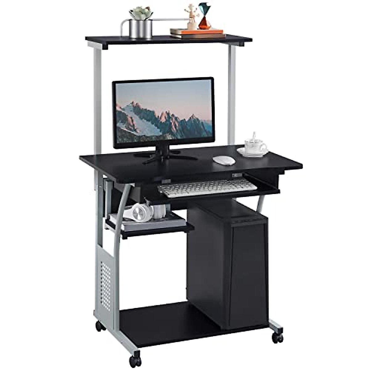Topeakmart 3 Tier Computer Desk with Printer Shelf and Keyboard Tray, Home Office Desk Computer Workstation Rolling Study PC Laptop Table for Small Spaces Black