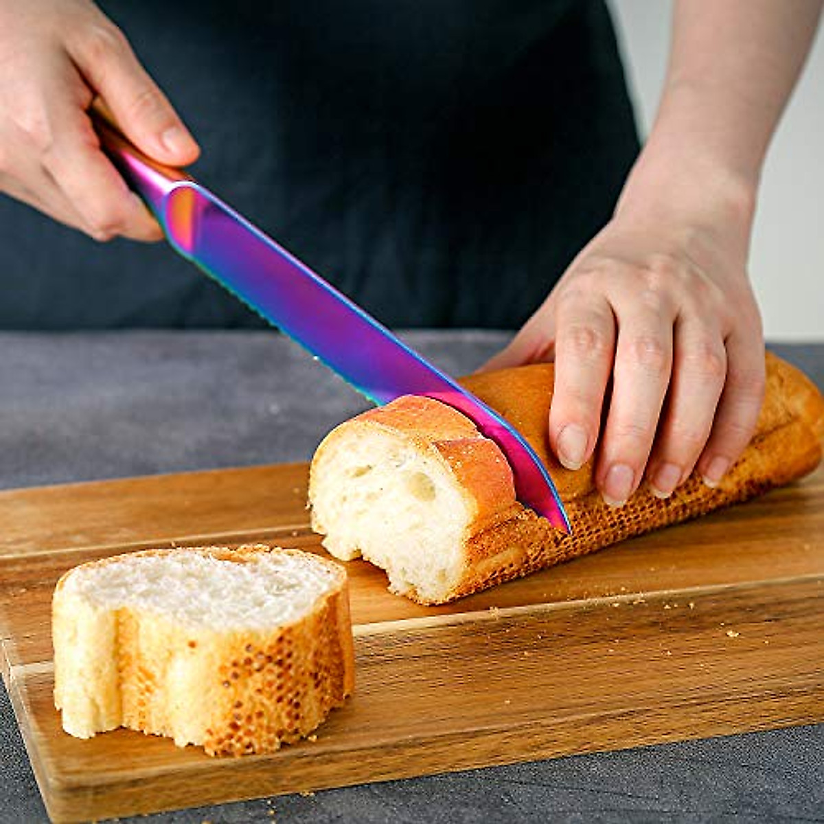 WELLSTAR Bread Knife 8 Inch, Serrated Bread Cutter, Ultra Sharp German Stainless Steel Blade and Comfortable Handle with Rainbow Titanium Coated for Slicing Breads Loaves Bagel Cake and Large Fruit