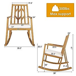 Tangkula Acacia Wood Patio Rocking Chair, Outdoor Porch Rocker W/Removable High-Density Cushion, All-Weather Resistance, Balanced Rocking Base, Perfect for Garden, Backyard, Poolside (1, White)