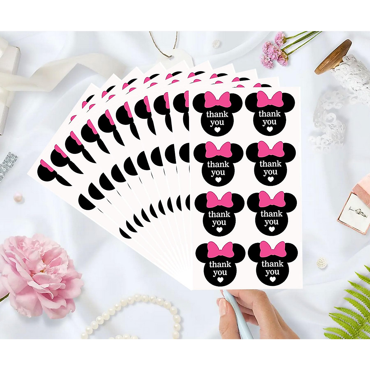 Pop Resin Mickey Minnie a Mouse Thank You Stickers 2.38 x 2 inch Mickey Ears Thank You Labels for Envelope Seals Birthday Baby Shower Party 200 Pack, Pink