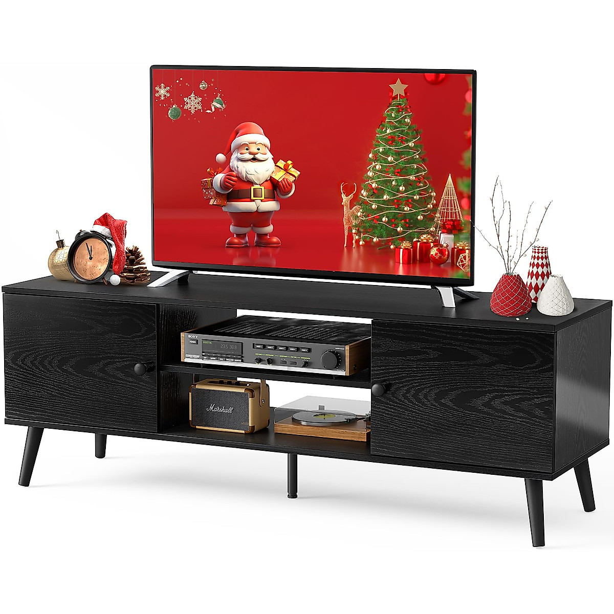 DUMOS TV Stand for 55 60 inch TV, Entertainment Center with Storage Cabinet, Mid Century Modern Media Console Table, Adjustable Hinge, Wooden Television Furniture for Living Room, Office - Black