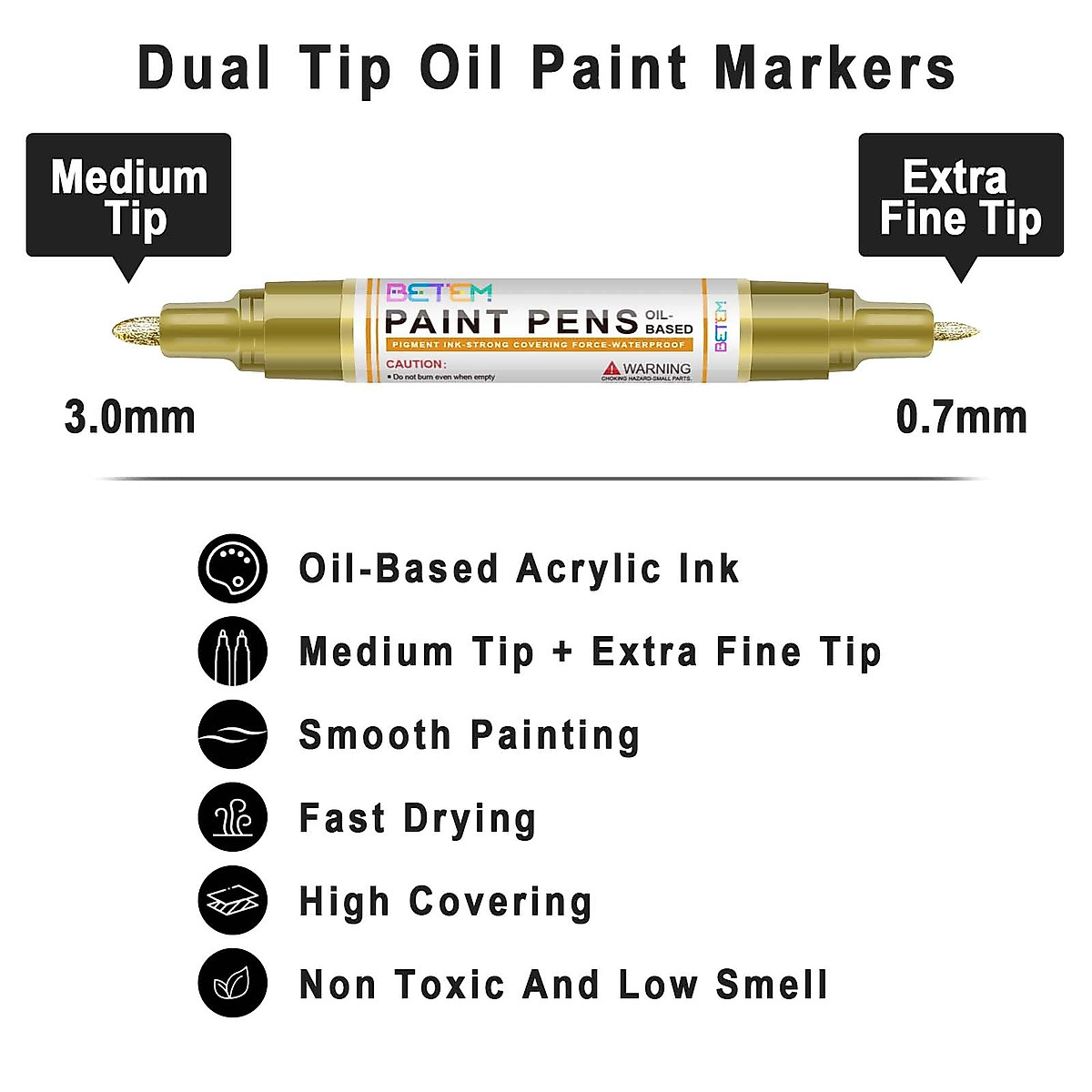 Betem Oil Based Paint Markers, Dual Tip Paint Pens(0.7mm & 3mm), Gold Silver Permanent Paint Marker Pen, Waterproof, Quick Dry, for Fabric, Rock Painting, Wood, Plastic, Metal, Canvas (2Gold2Silver)