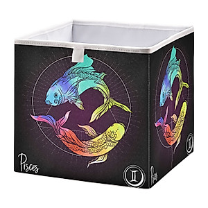 ALAZA Collapsible Storage Cubes Organizer,Pisces Fishes Zodiac Sign Multicolor on Black Storage Containers Closet Shelf Organizer with Handles for Home Office