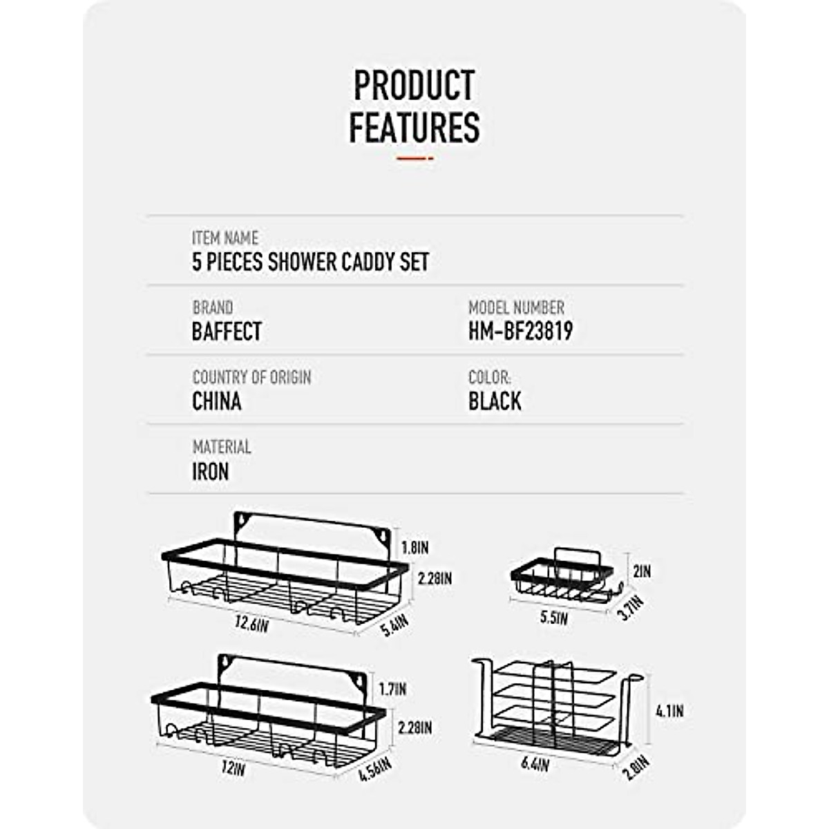 Baffect Shower Caddy, 5-Pack Non-marking Self Adhesive Shower Shelves, Black Bathroom Shower Caddy Shelf with Hooks Bathroom Essentials