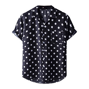 Men's Casual Summer Print Buttons Short Sleeves O-Neck Loose Shirts Blouse with Pocket(B, M)