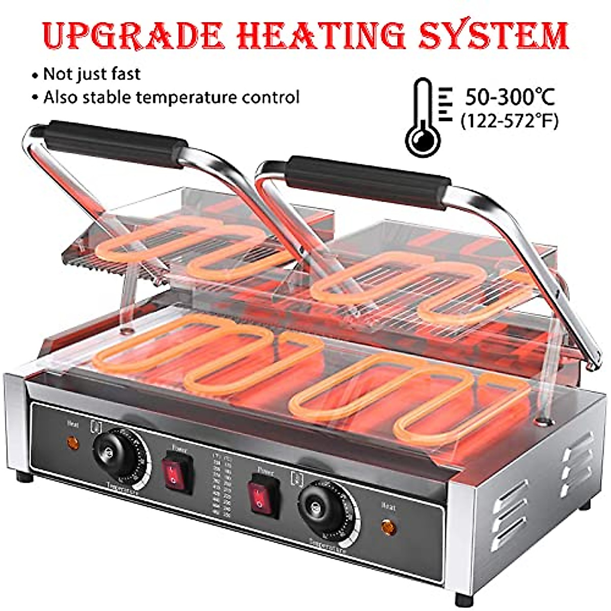 Panghuhu88 110V 3600W Commercial Sandwich Panini Press, Commercial Double Panini Presser Non-Stick Full Grooved Plates 122°F-572°F Temp Control for Hamburgers Steaks Bacons,22.8" x 14.4"