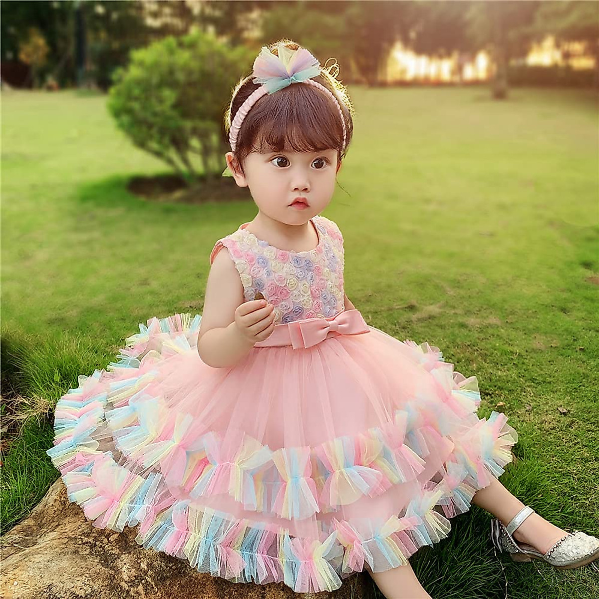 AVAZU 3M-6T 3D Colorful Flower Toddler Baby Girls Wedding Pageant Layered Dresses Wedding Birthday Party Tutu Gown with Headwear Light Pink 110
