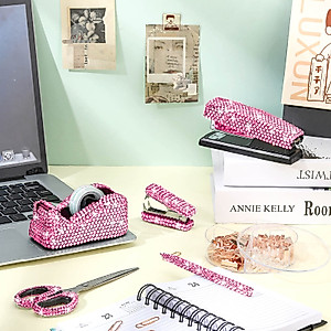 10 Pcs Bling Office Accessories for Desk Bling Crystal Office Supplies Set Desk Accessory Kit Glitter Stapler Staple Remover Tape Dispenser Diamond Pen Scissors for Women Office Home Desk (Pink)