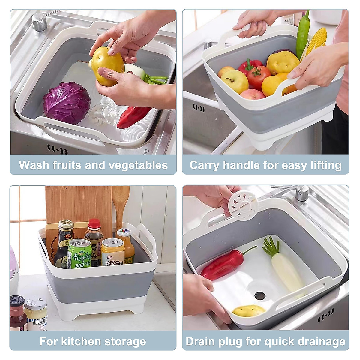 Goderewild 2.4 Gal(9L) Collapsible Dish Basin with Drain Plug, Space Saving Outdoor Multiuse Foldable Sink Tub, Dishpan, Kitchen Storage Tray for Camping, Vegetable Washing, RV