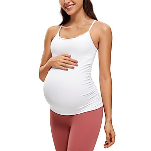 CRZ YOGA Butterluxe Y Back Maternity Tank Tops for Women Ruched Pregnancy Basic Camisole Sleeveless Athletic Yoga Shirts White Large