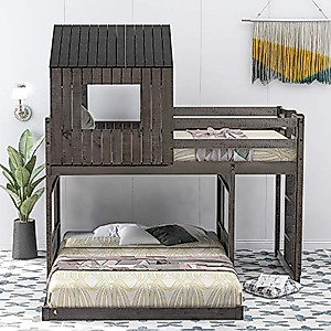 Harper & Bright Designs House Bed Bunk Beds Twin Over Full Size, Wood Bunk Beds with Roof and Guard Rail for Kids, Toddlers, No Box Spring Needed