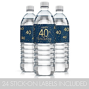 Navy Blue and Gold 40th Birthday Party Water Bottle Labels - 24 Waterproof Stickers