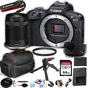 Canon EOS R100 Mirrorless Camera with 18-150mm Lens + 64GB Memory Card, Case, Hood, Grip-Pod, Filter Professional Photo Bundle (Renewed)