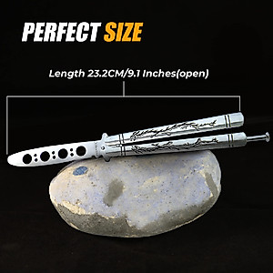 VORNNEX Practice Butterfly knife Trainer with Sure Spring Latch, Full Stainless Steel Black Dull Balisong, Unsharpened Butterfly knives Comb for CSGO Training(Silver)