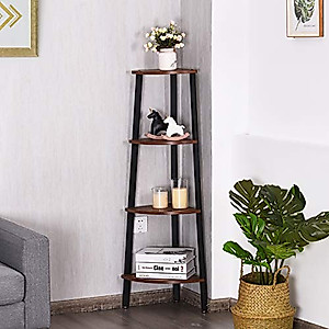 Giantex 4-Tier Corner Shelf Industrial Multipurpose Bookcase, Home or Office Storage Rack, Wood Plant Stand with Metal Frame (Rustic Brown)