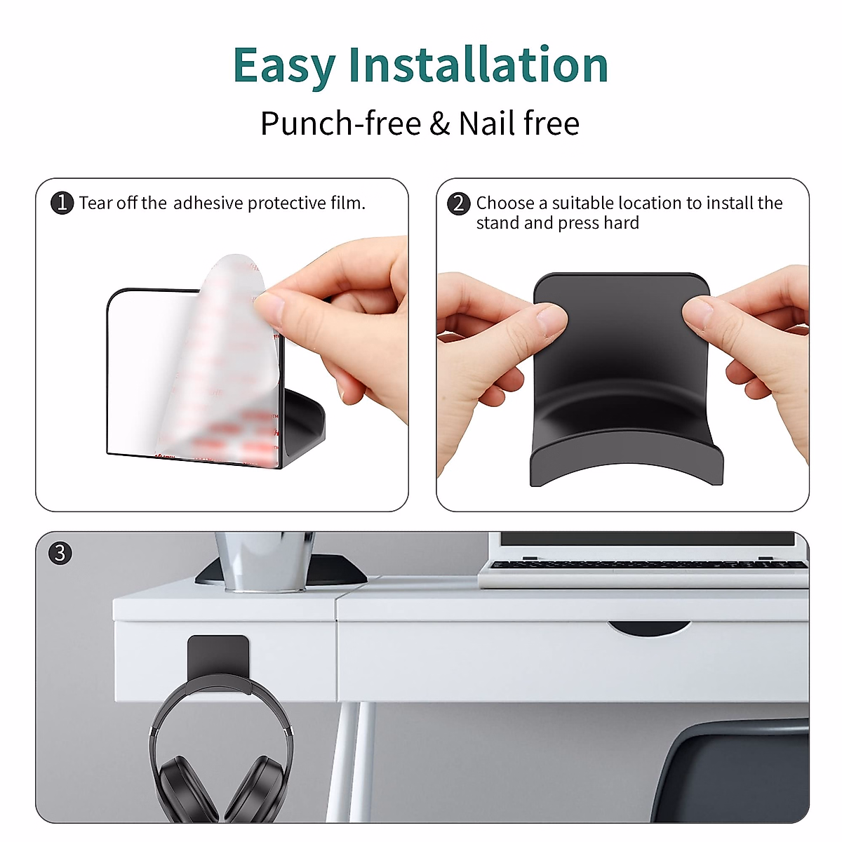 HomeMount Headphone Stand Headset Holder - Adhesive Gaming Headphone Hanger Hook Desk Mount for Most Headphone & Controller (Black)