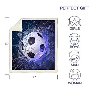 WONGS BEDDING Socccer Throw Blanket Reversible Purple Flame Soccer Pattern Blanket for Soccer Fans Teens Boys Kids, Cozy Warm Blanket for All Seasons, Plush Fleece Blanket Sofa Couch Bed 50" X 60"