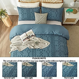 Senville Duvet Cover Queen Size,Blue Tufted Duvet Cover with Jacquard Rhombus Geometric Pattern,3 Pieces Boho Textured Shabby Chic Bedding Set with Zipper Closure for All Season (Denim Blue,Queen)